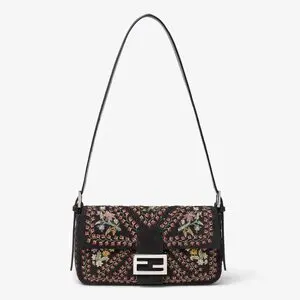 Fendi Baguette® 26424 Black Suede Bag With Embroidery
